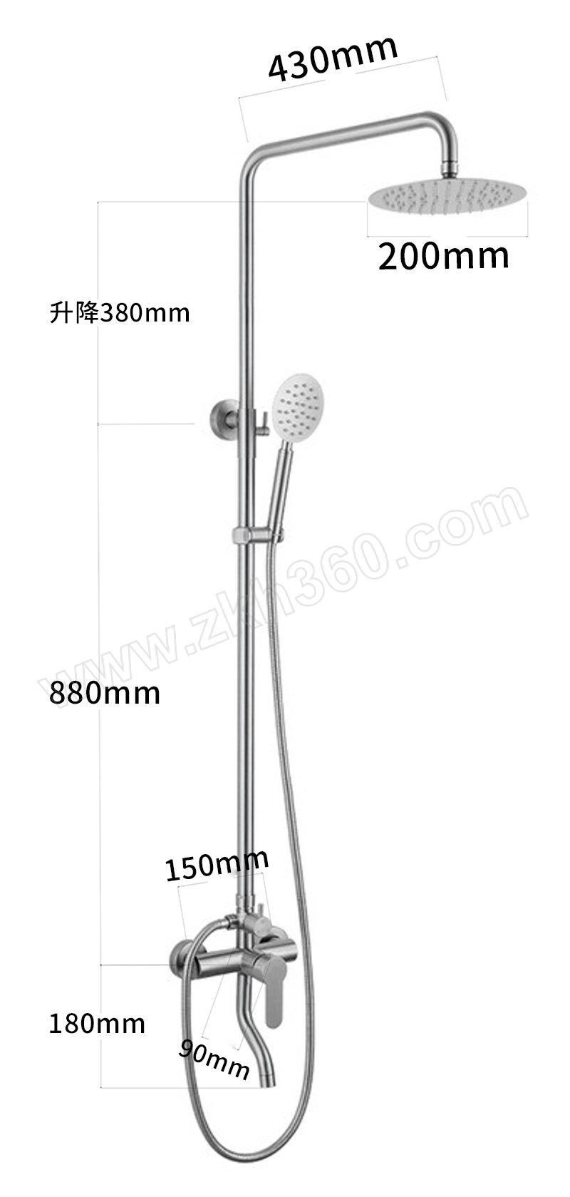 龙代 不锈钢明装淋浴花洒套装 P-H009 安装孔径4分 淋浴花洒套装 花洒龙头套装 淋浴套装 花洒套件 不锈钢明装淋浴花洒套装-融创集采商城
