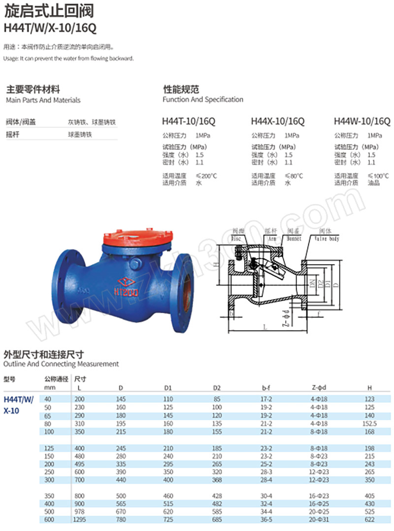 YUANDA/远大阀门 H44T系列旋启式止回阀 H44T-16-DN50 法兰连接接口 灰口铸铁阀体 公称压力16bar 1台-融创集采商城