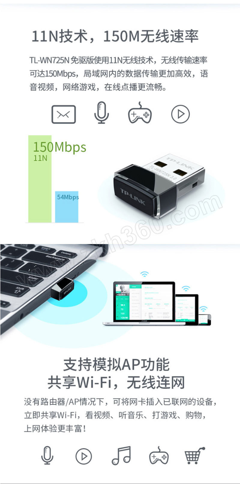 TP-LINK/普联 无线网卡 TL-WN725N 免驱版 USB接口 1个-融创集采商城